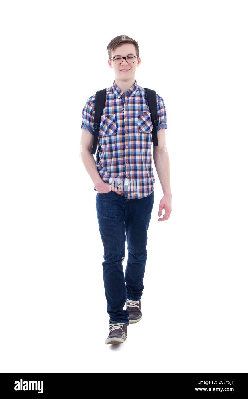 front view of handsome teenage boy with backpack walking isolated on ...