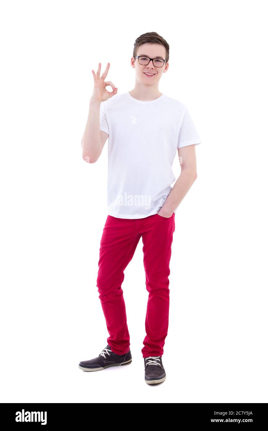 full length portrait of young man showing ok sign isolated on white ...