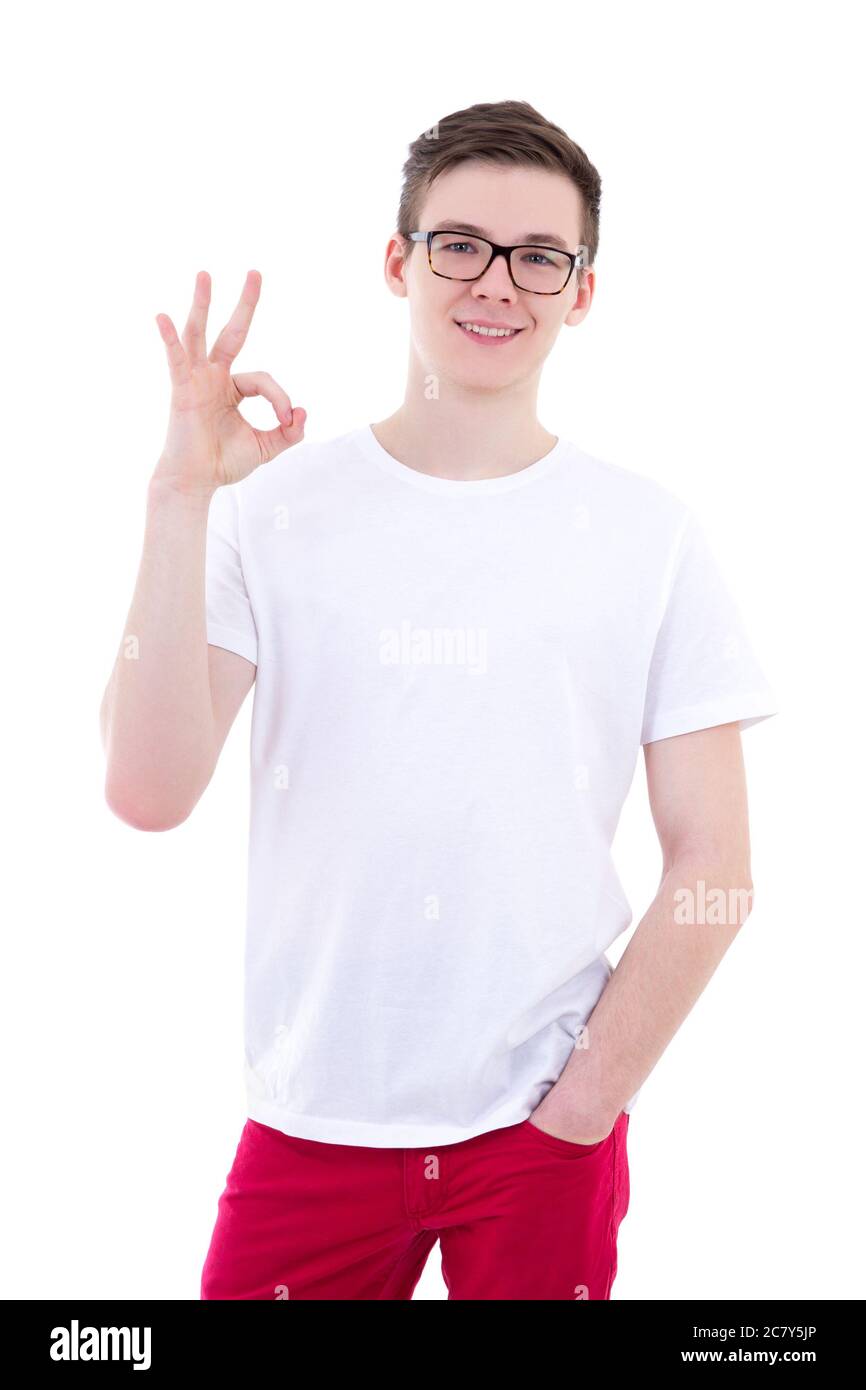 portrait of young man showing ok sign isolated on white background ...