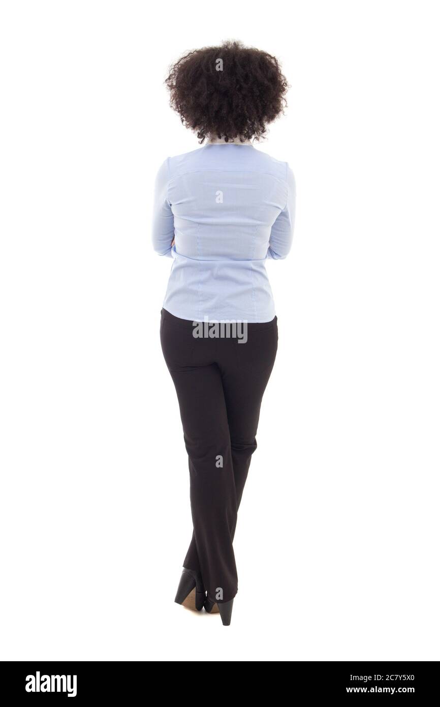 back view of happy african american business woman isolated on white ...