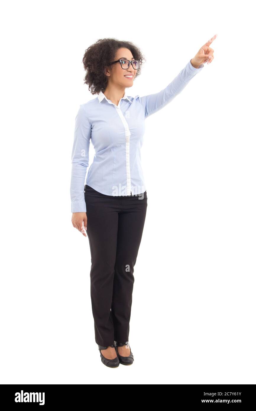 young beautiful african american business woman pointing at something ...