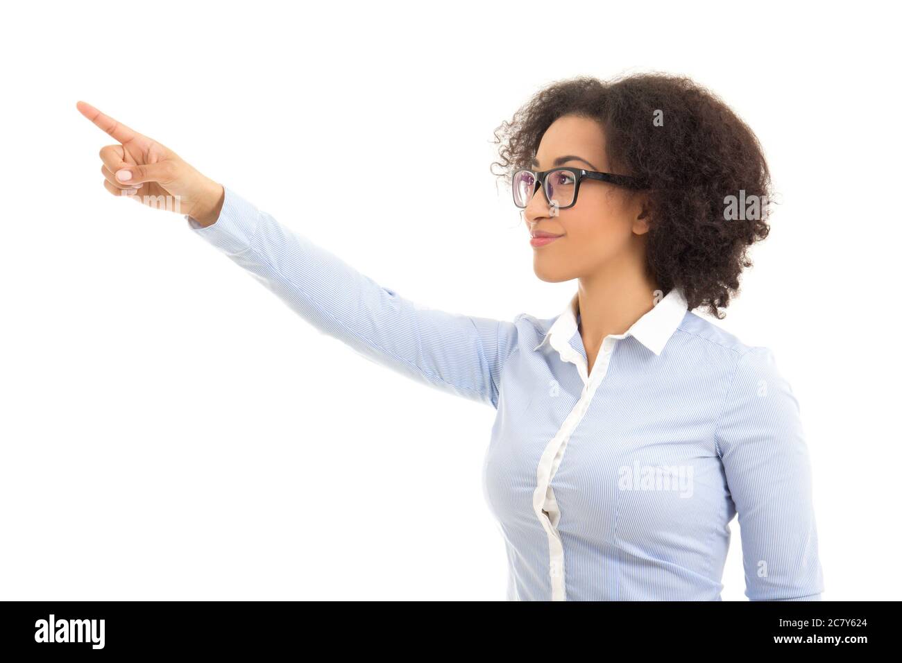 beautiful african american business woman pointing at something ...