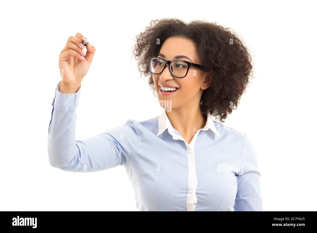 beautiful african american business woman writing something over white ...