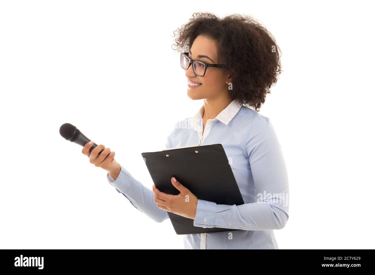 african american female reporter with microphone and clipboard isolated ...