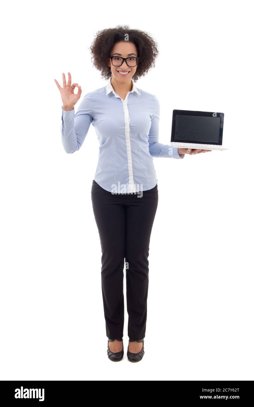 beautiful african american business woman holding laptop with empty ...
