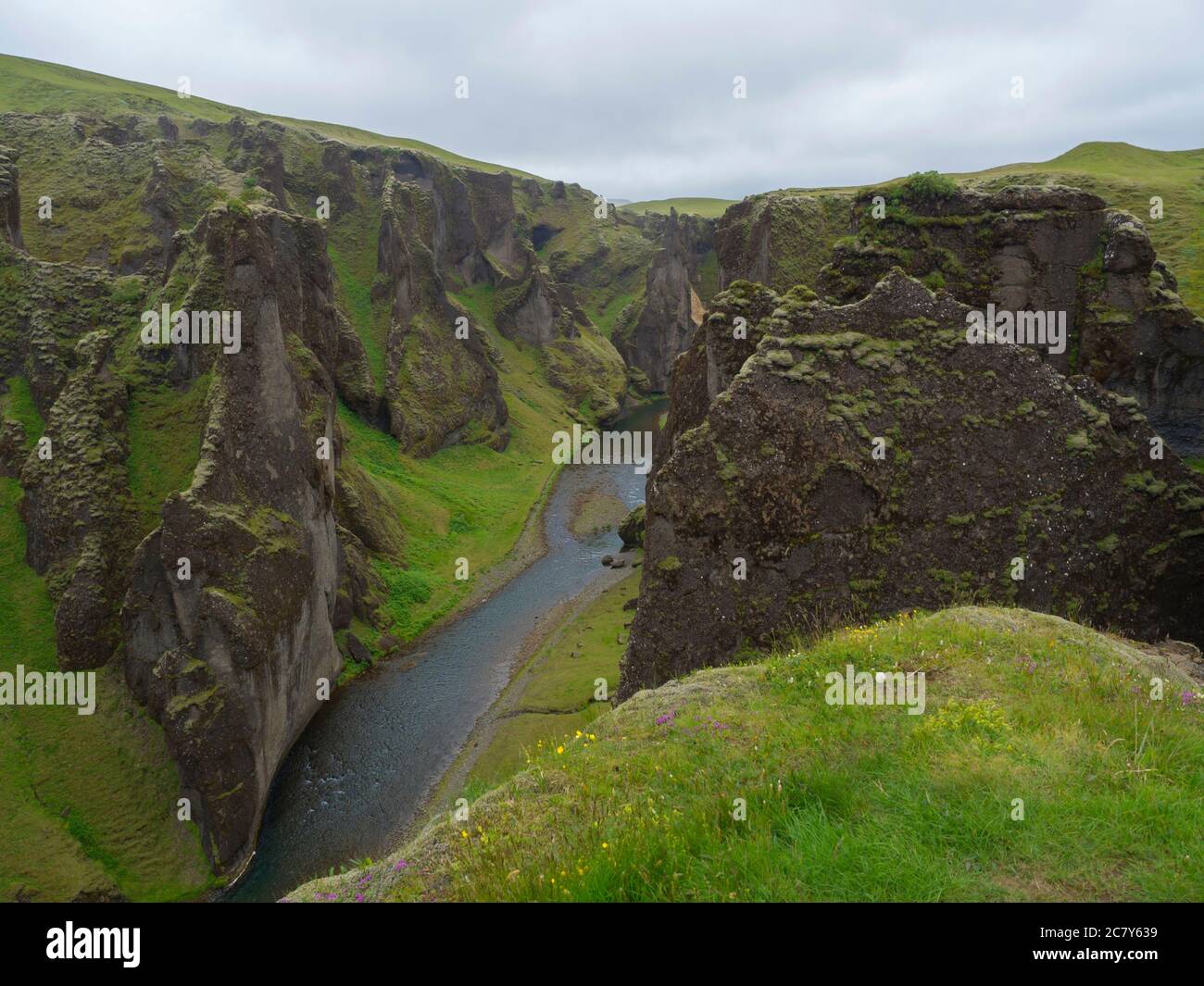 View on river stream and green moss covered cliffs and hills in Eldgja ...