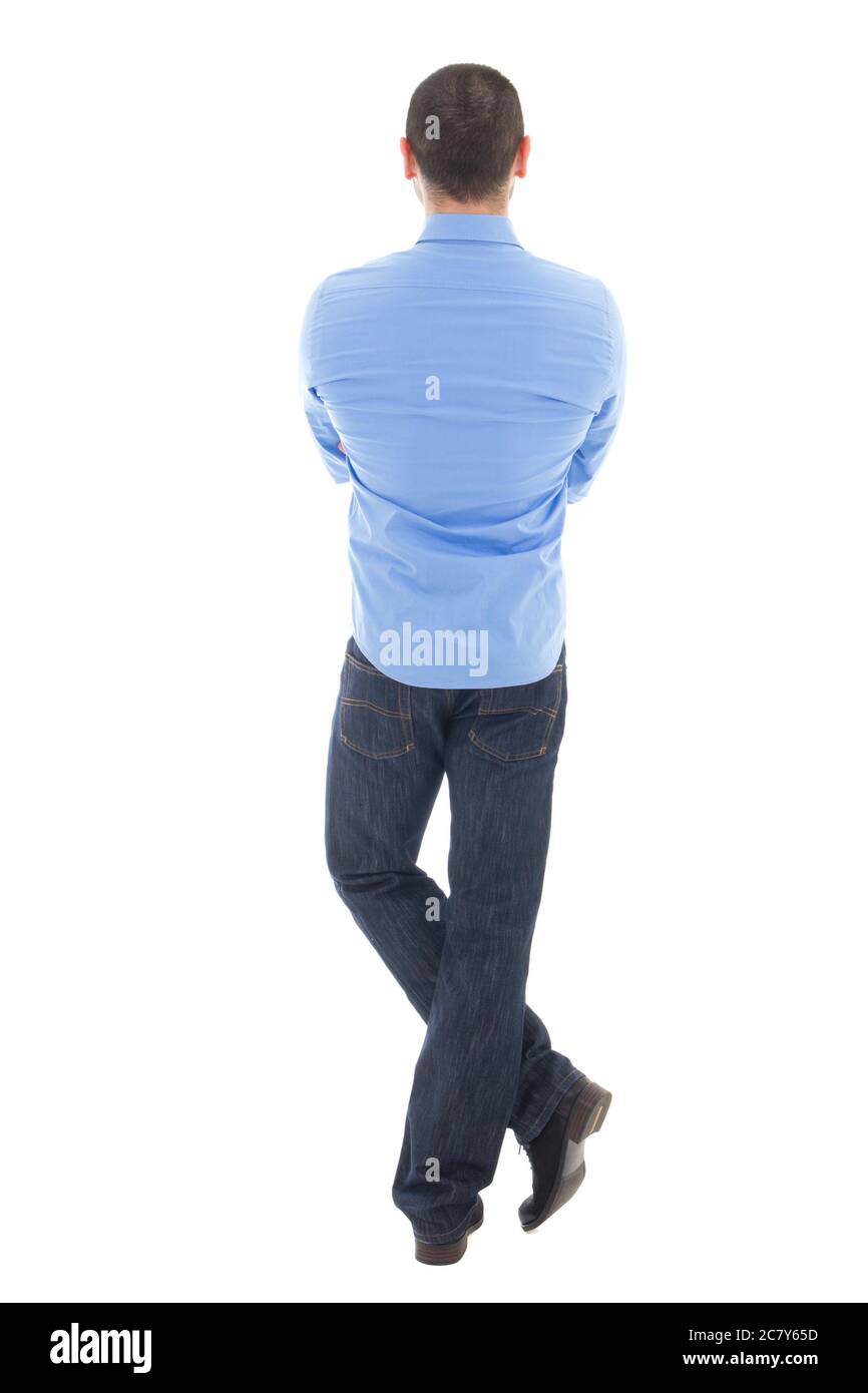 back view of business man in blue shirt isolated on white background ...