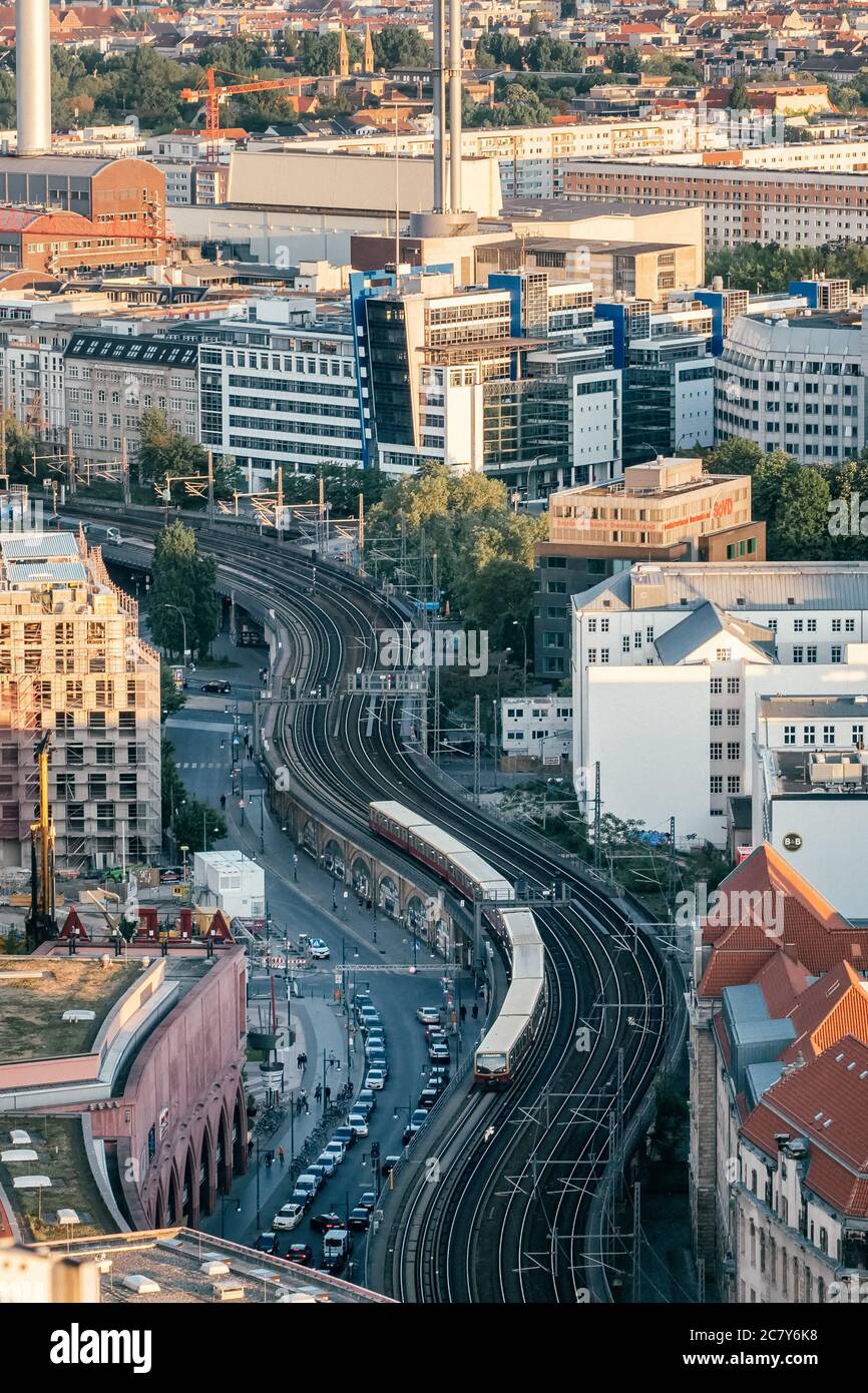 Berlin cityscape with Berliner railway station and train Stock Photo ...