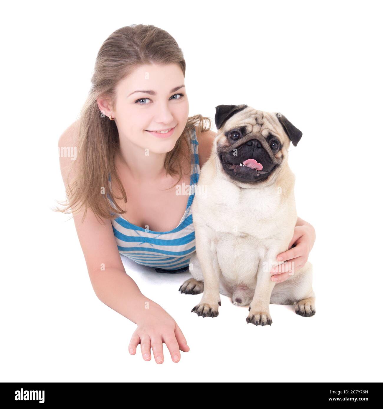 young beautiful woman with pug dog isolated on white background Stock ...