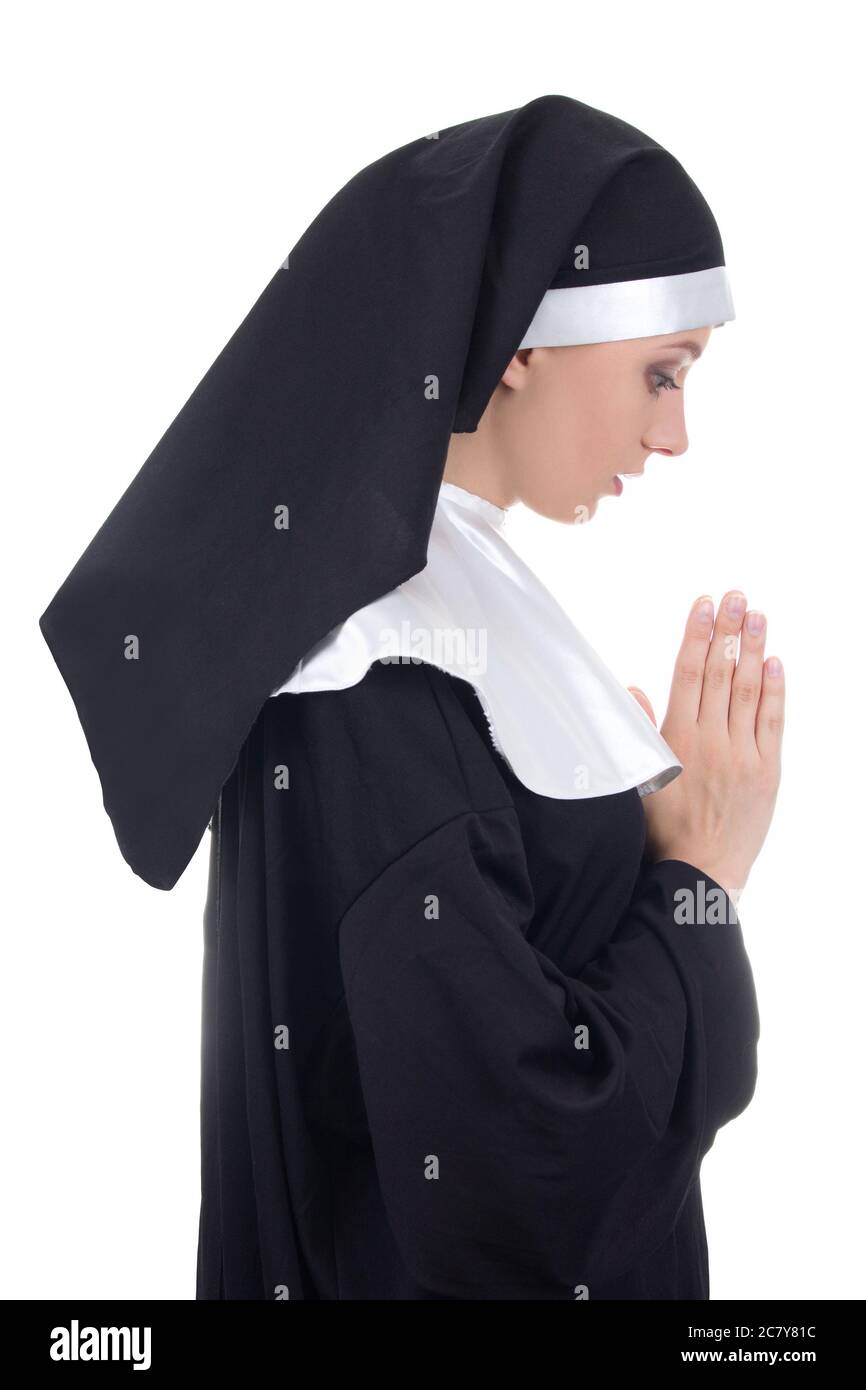 profile view of young beautiful woman nun praying isolated on white ...