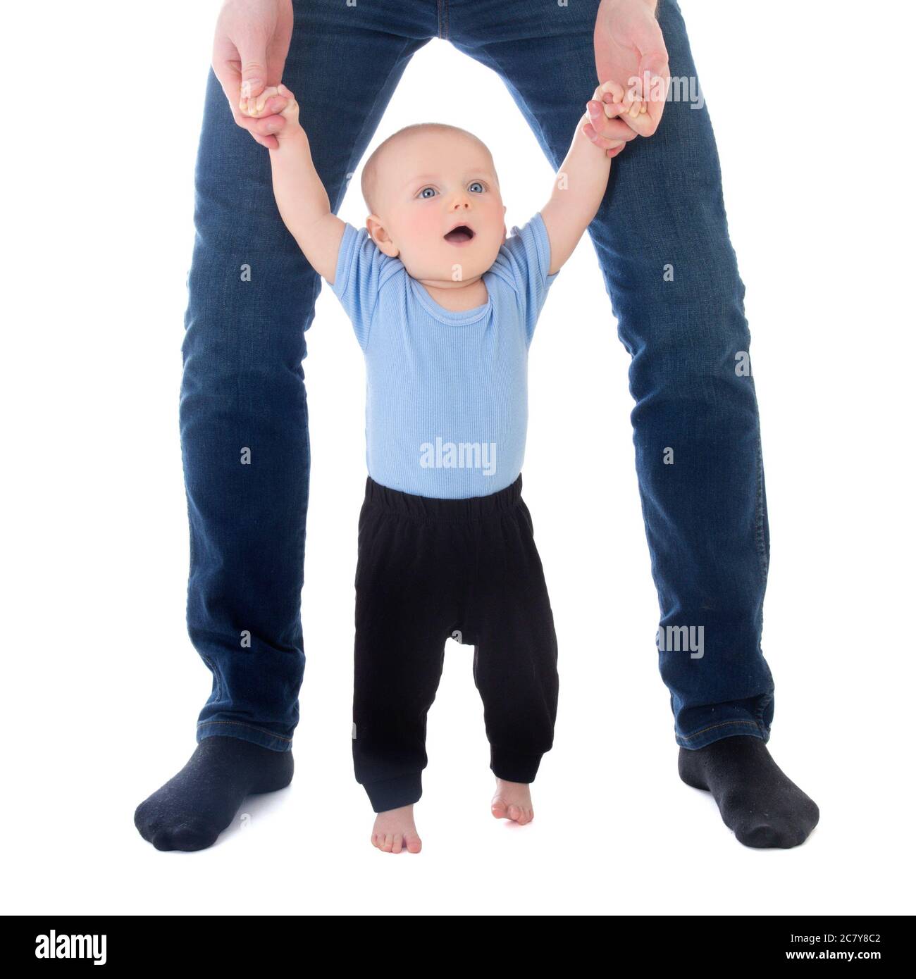 little baby boy walking with father isolated on white background Stock ...