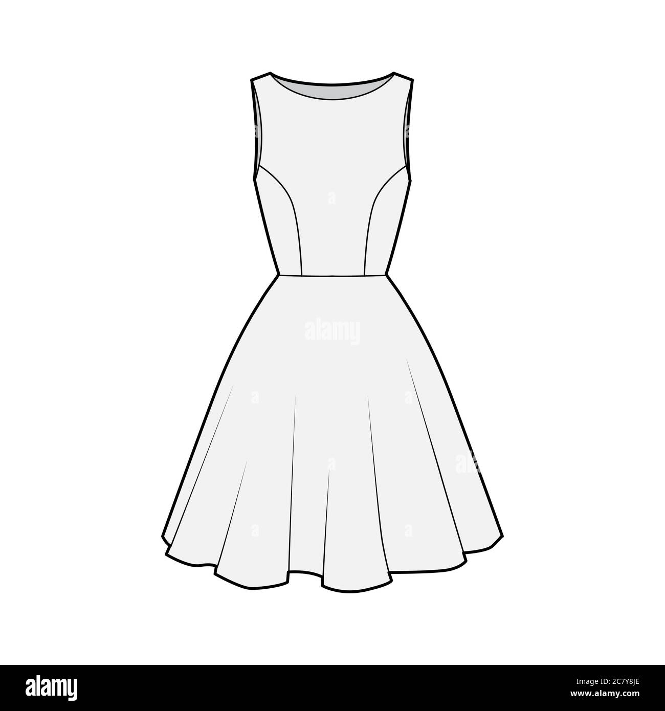 Dress technical fashion illustration with fitted body, boat neck ...