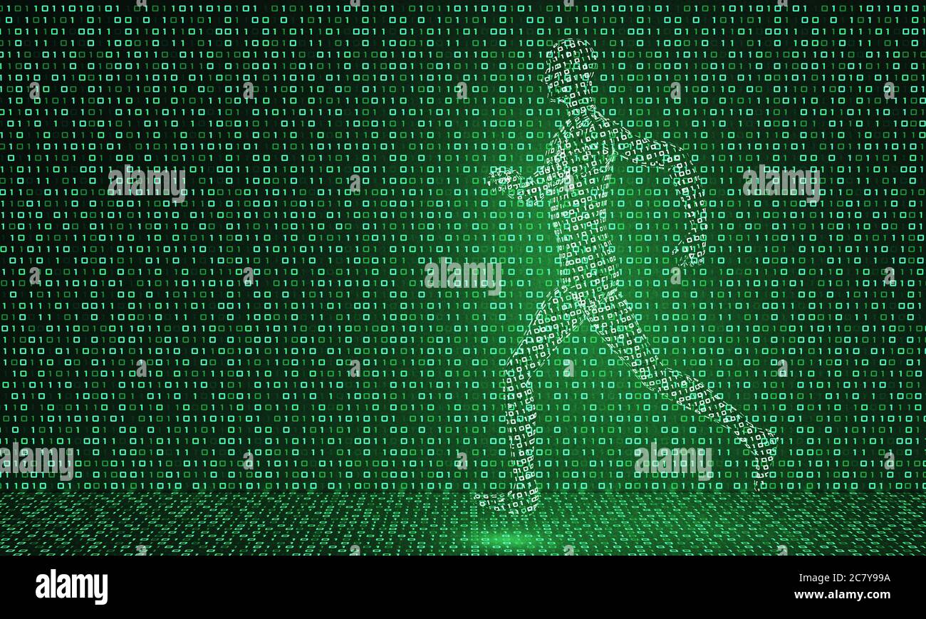 3d model of a running digital man on the background of luminous ones ...