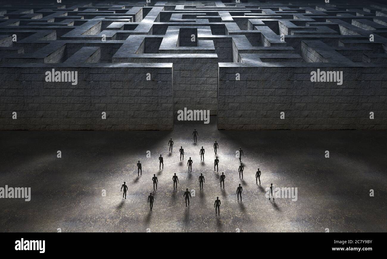 A group of people heading towards the entrance to a large maze. 3D ...