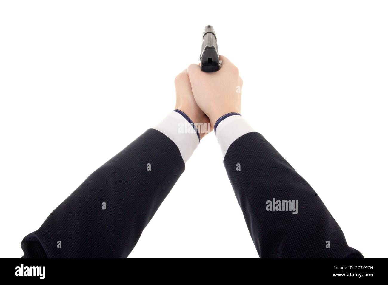 video game concept - male hands with gun isolated on white background ...