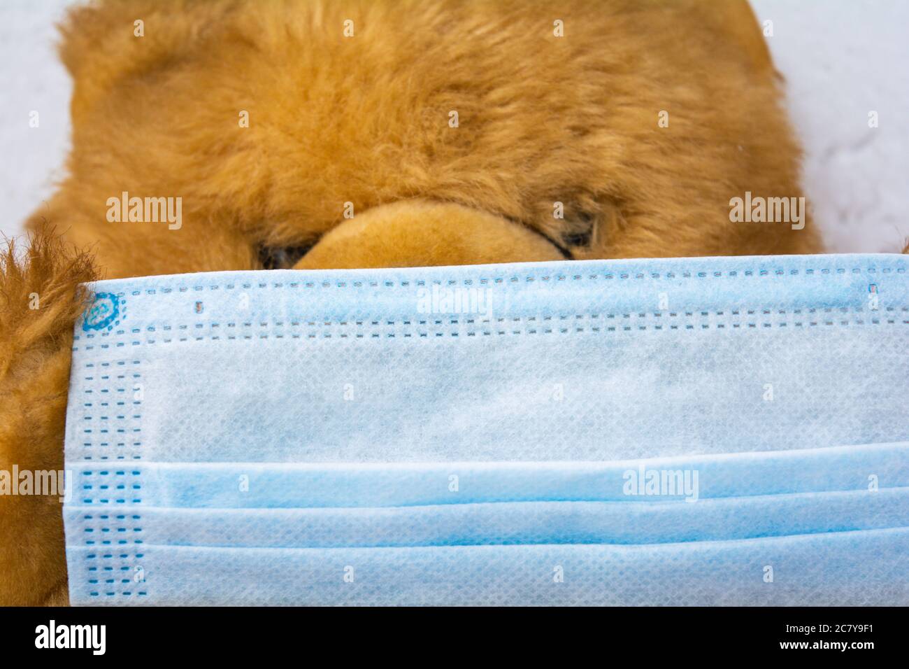 Cute fluffy teddy bear with blue medical face mask on his mouth Stock ...
