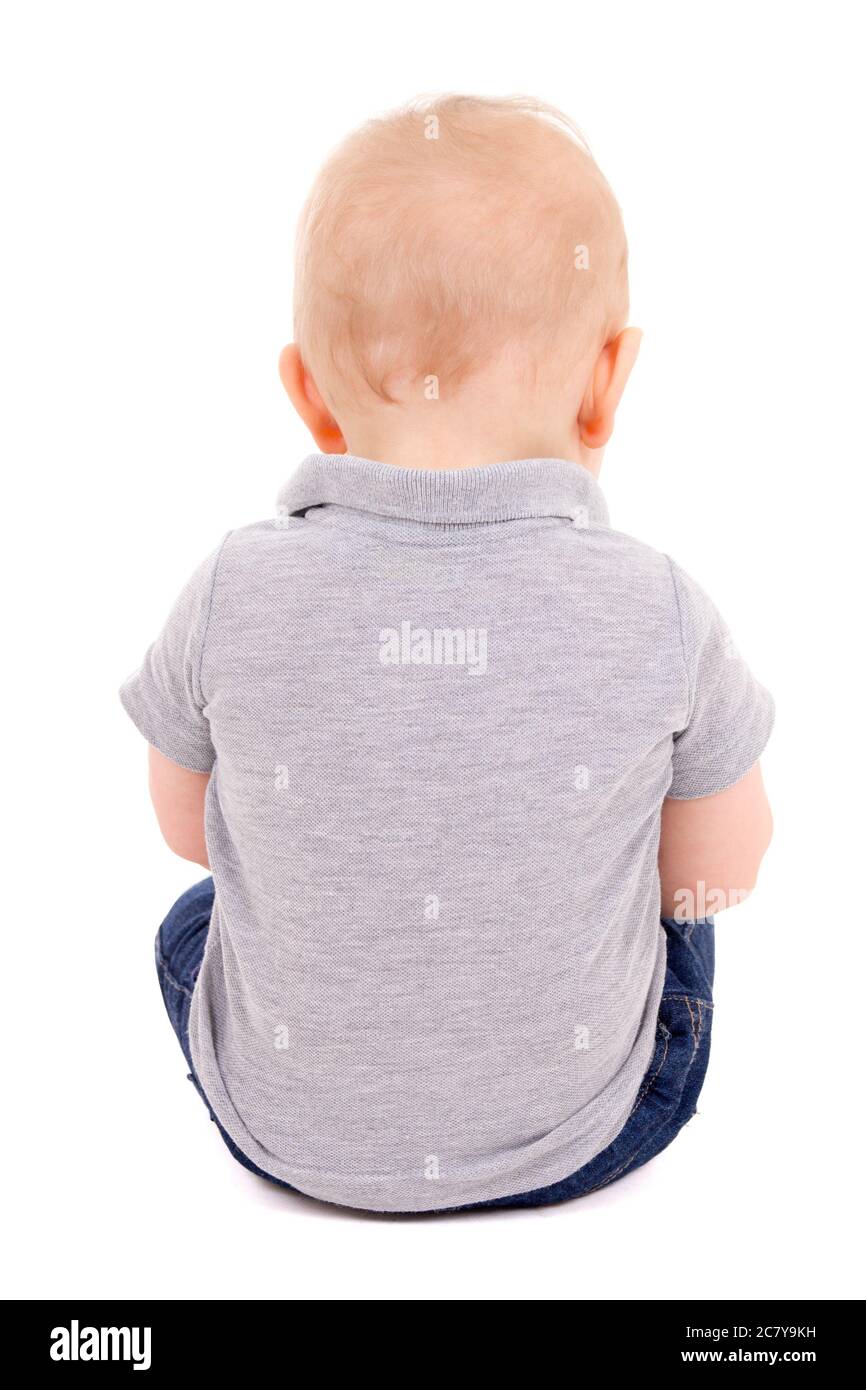 back view of little baby boy sitting isolated on white background Stock ...