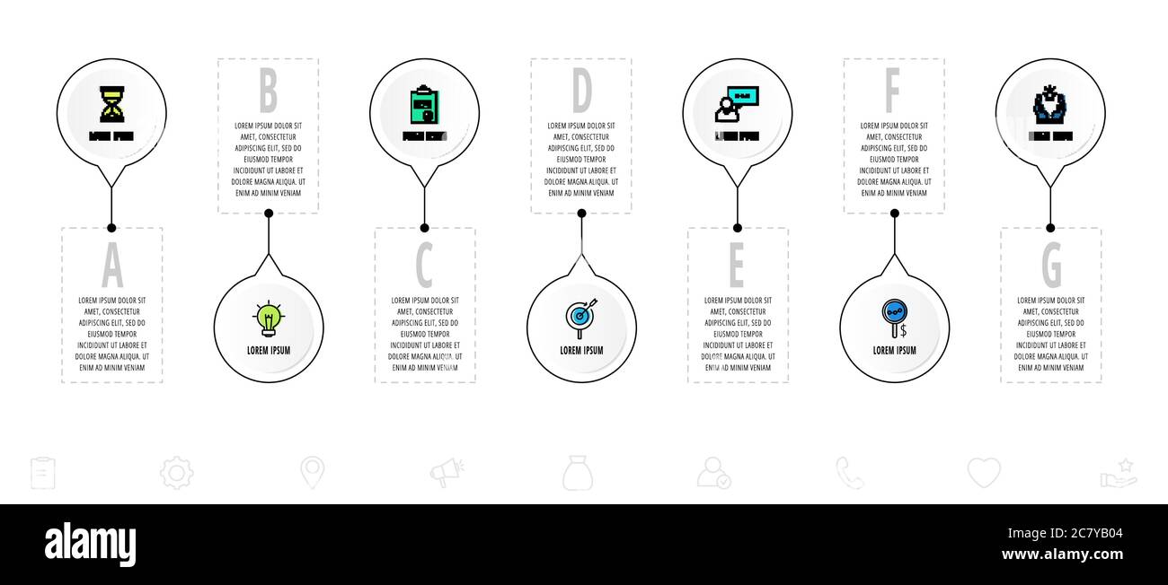 Infographics circles with 7 steps, labels. Flat line vector template. Can be used for seven ...