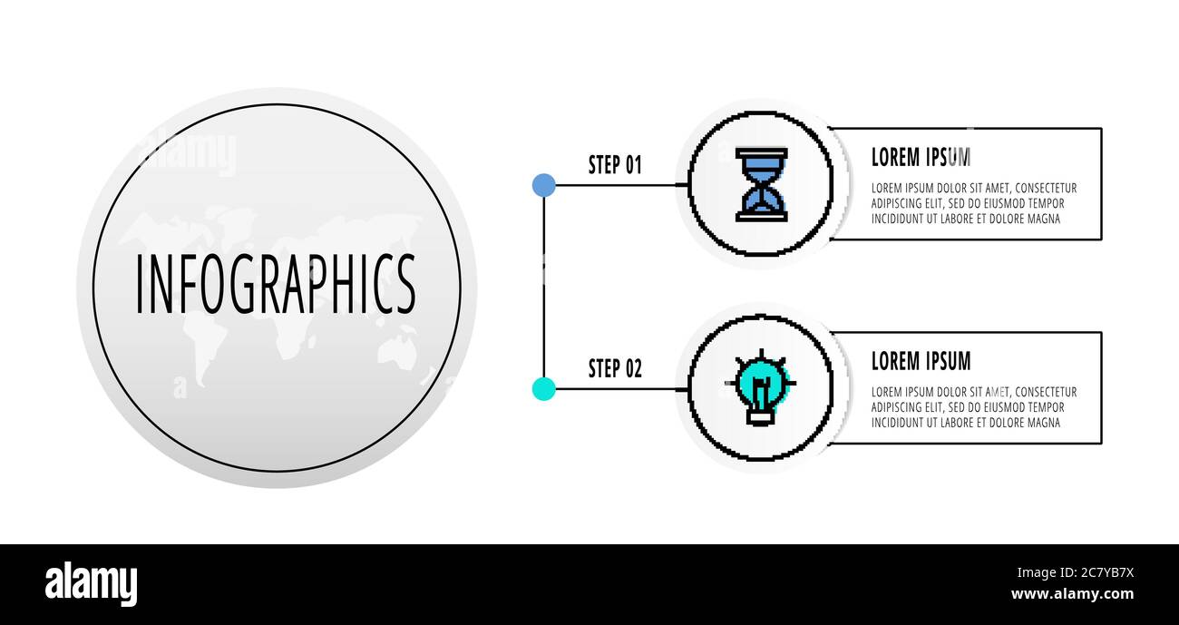 Infographics circles with 2 steps, icons. Flat line vector template. Can be used for two ...