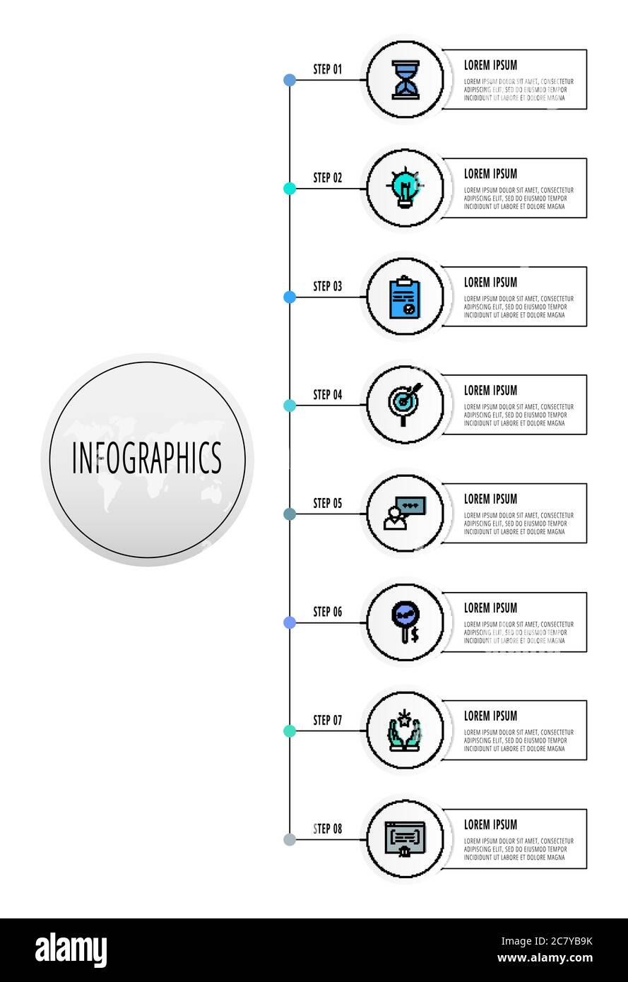 Infographics circles with 8 steps, icons. Flat line vector template ...