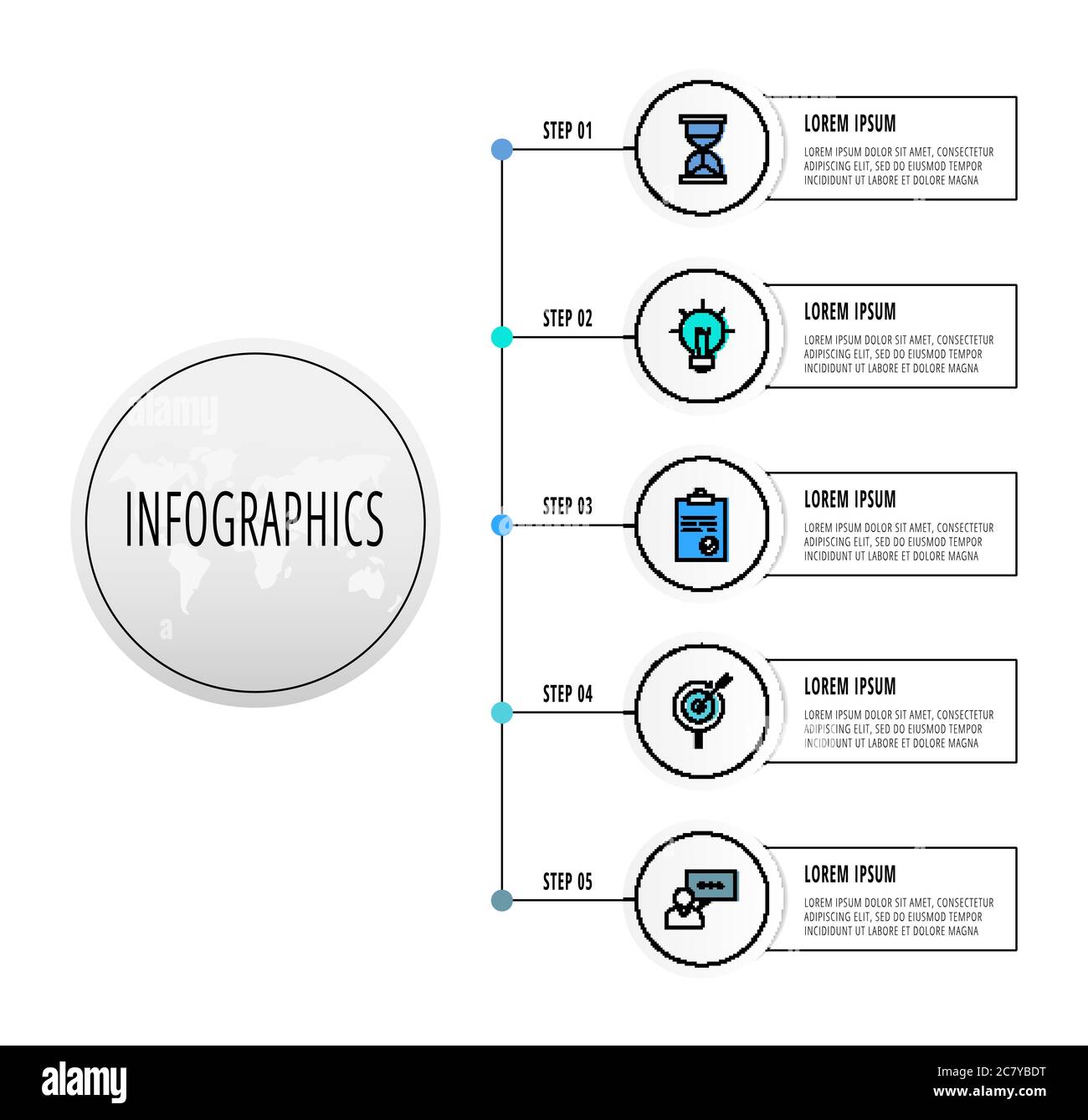 Infographics circles with 5 steps, labels. Flat line vector template. Can be used for five ...
