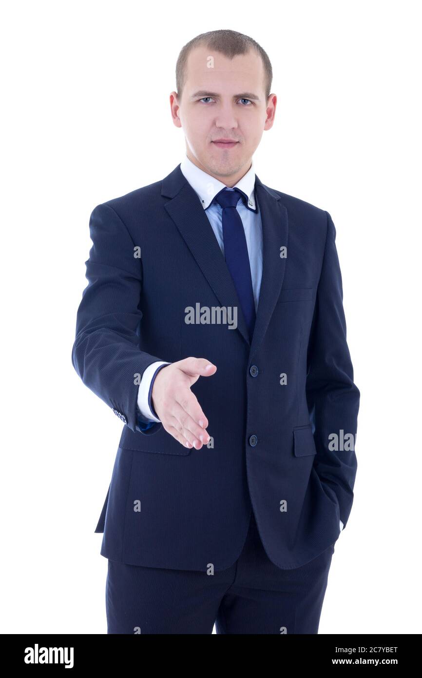 business man with hand extended to handshake isolated on white ...