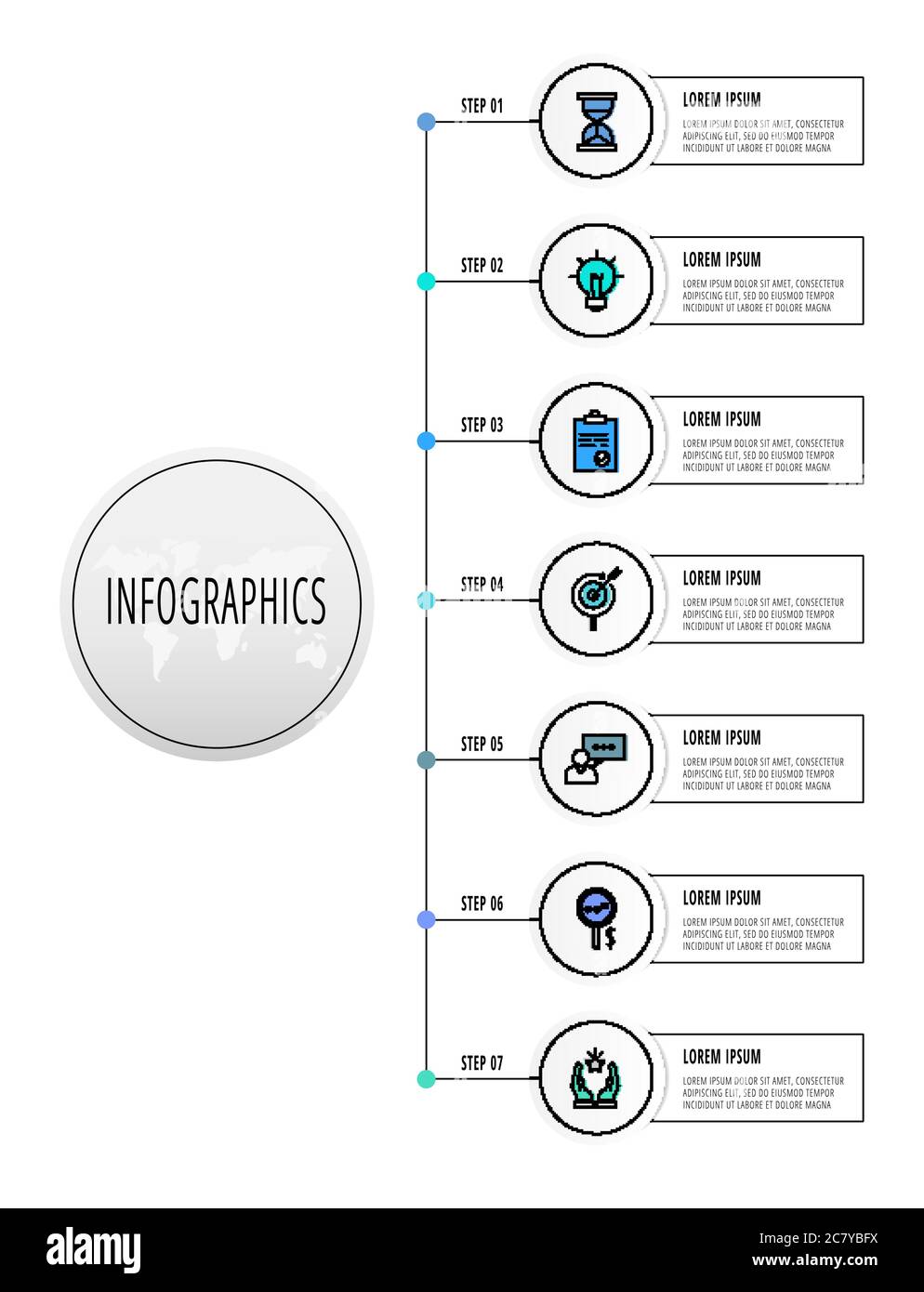 Infographics circles with 7 steps, icons. Flat line vector template. Can be used for seven ...