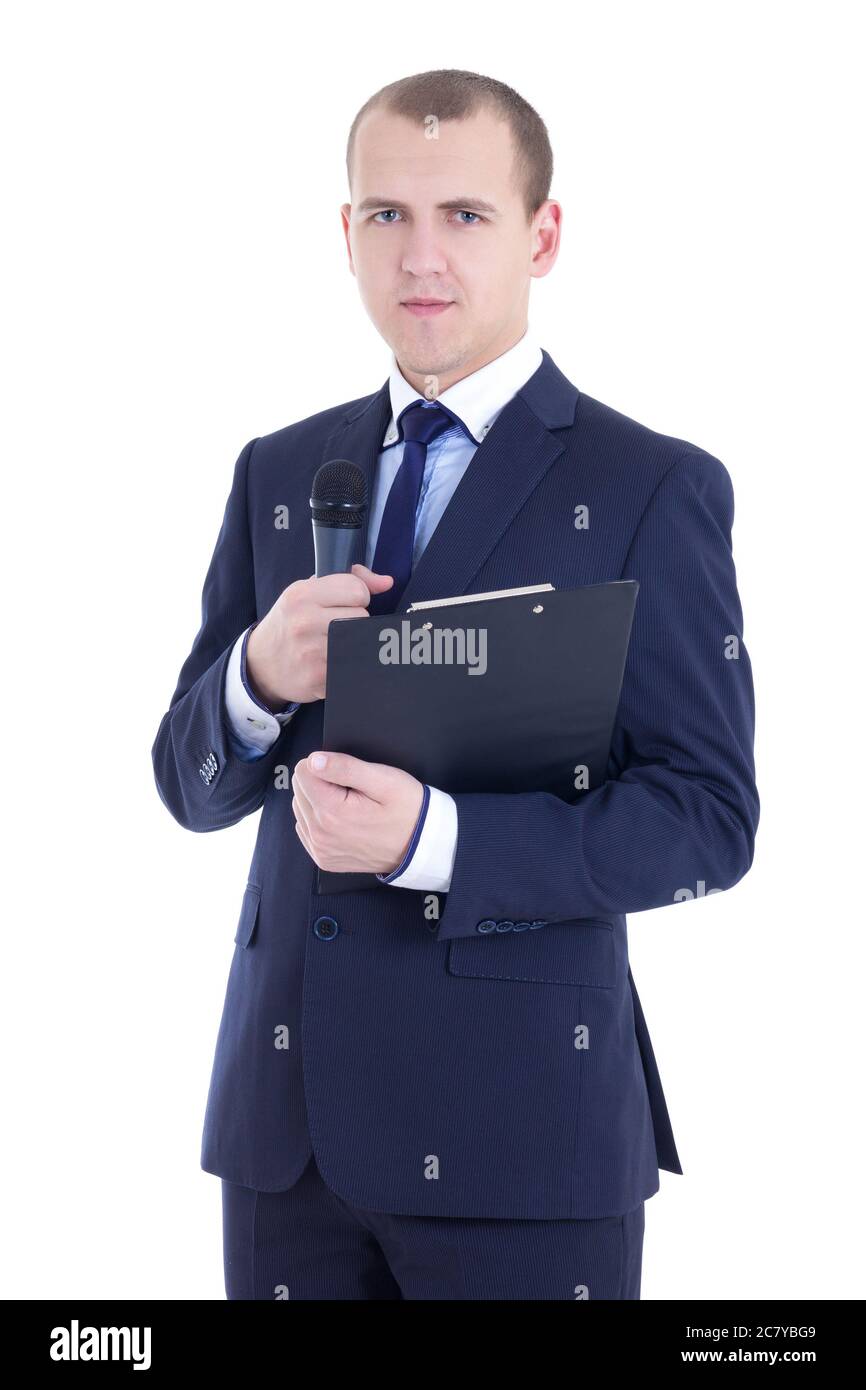 handsome man reporter in suit with microphone and clipboard isolated on ...