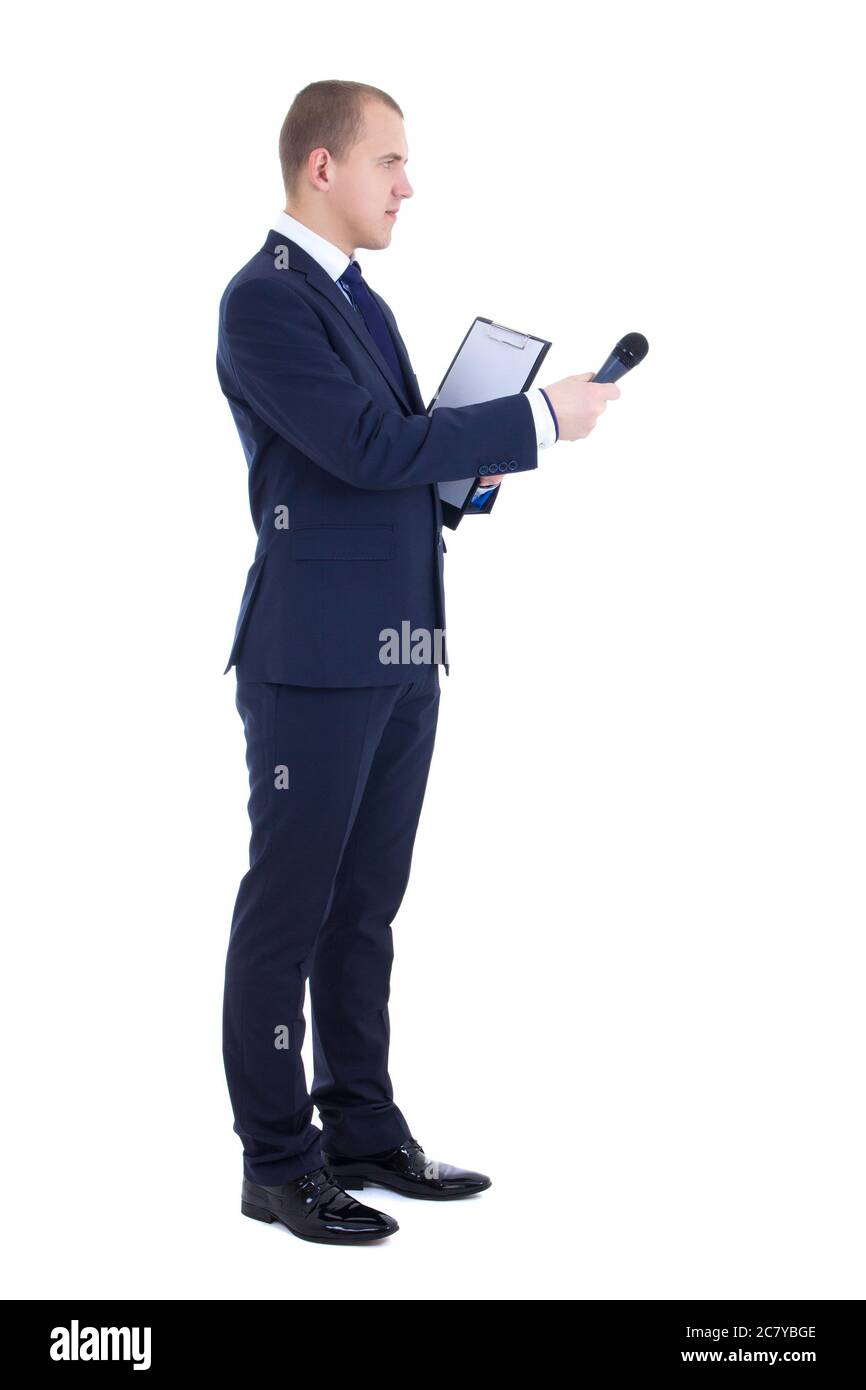 male reporter with microphone and clipboard isolated on white ...