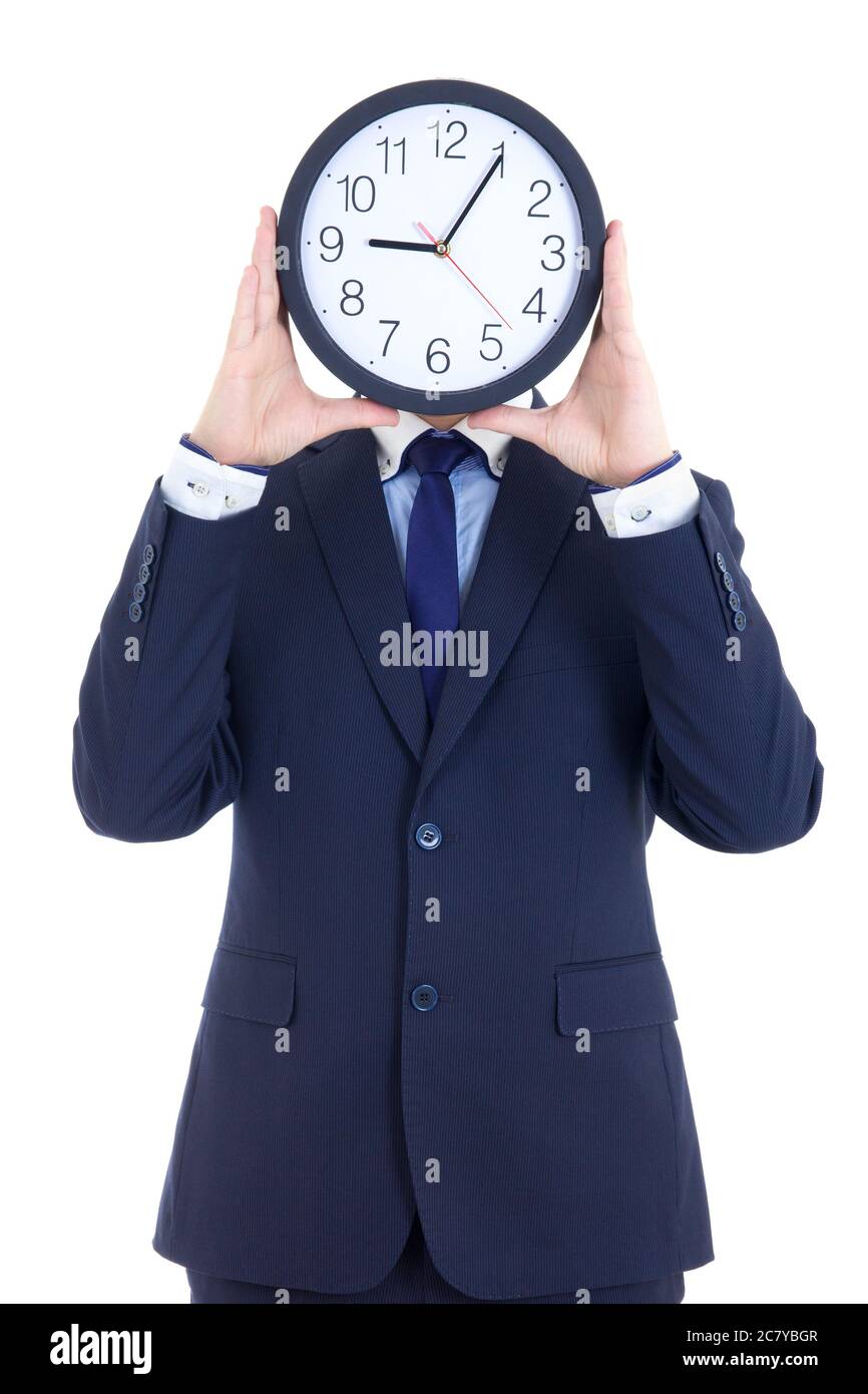 business man in suit with clock covering face isolated on white ...