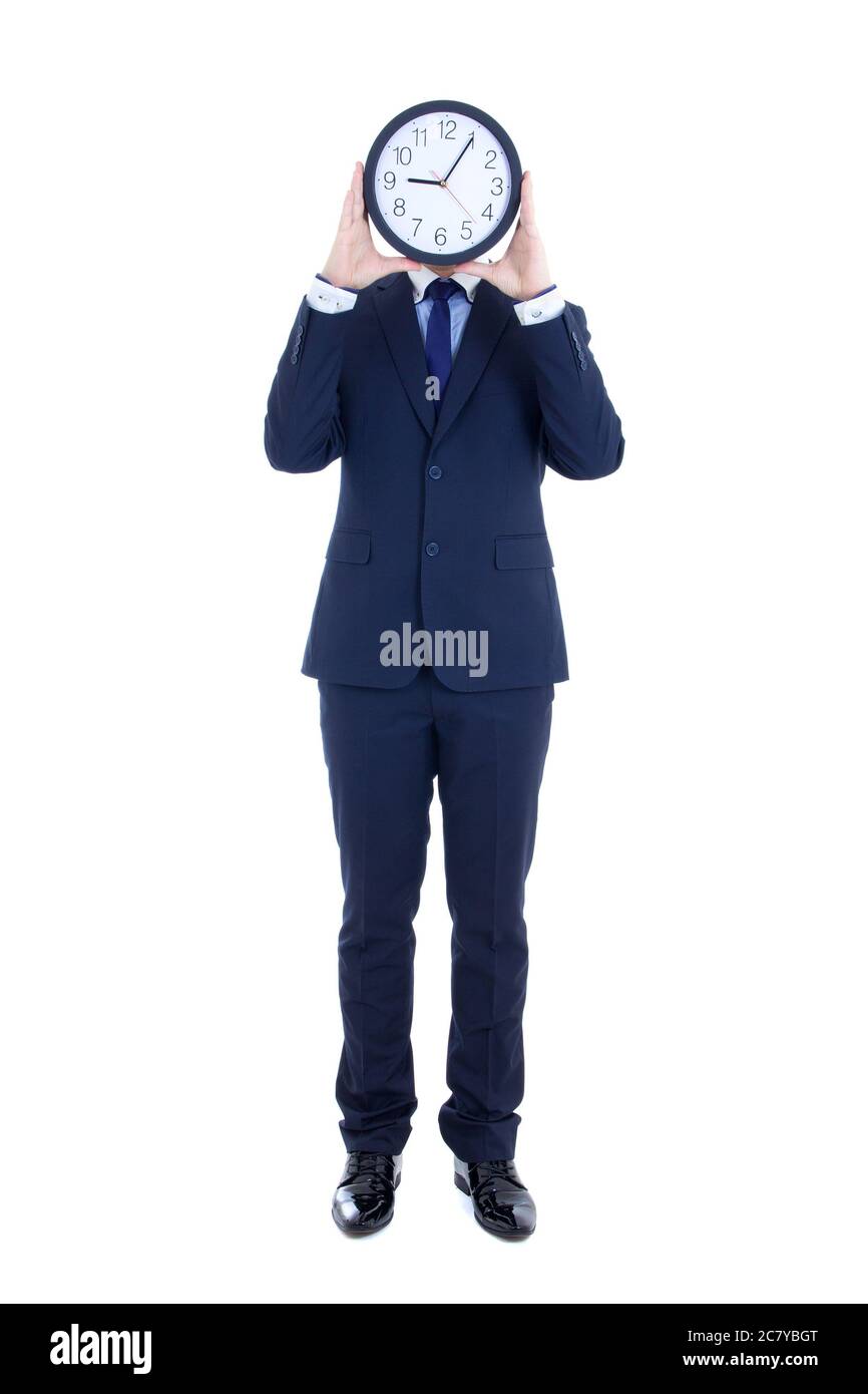 business man with clock covering face isolated on white background ...