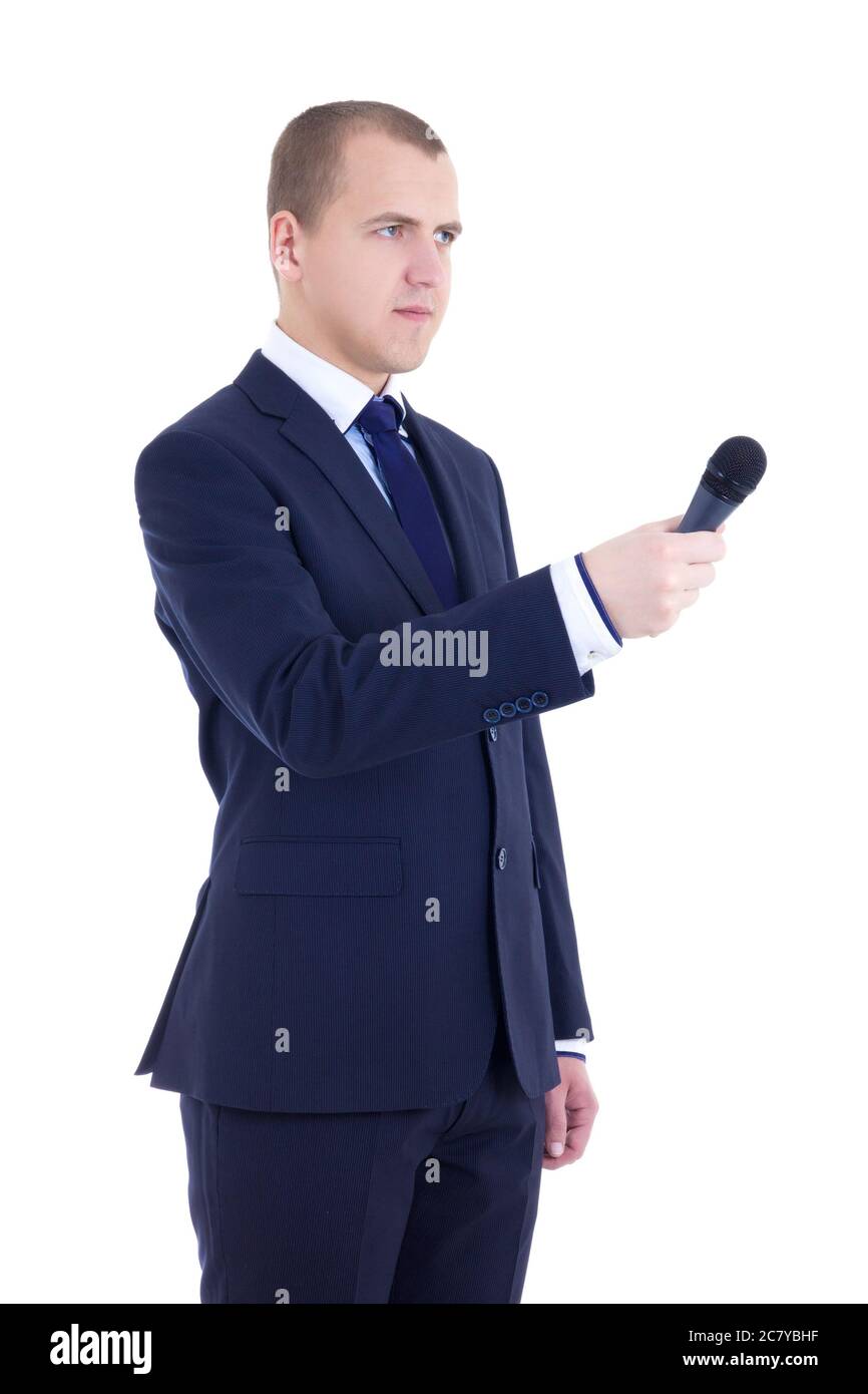 male reporter with microphone isolated on white background Stock Photo ...