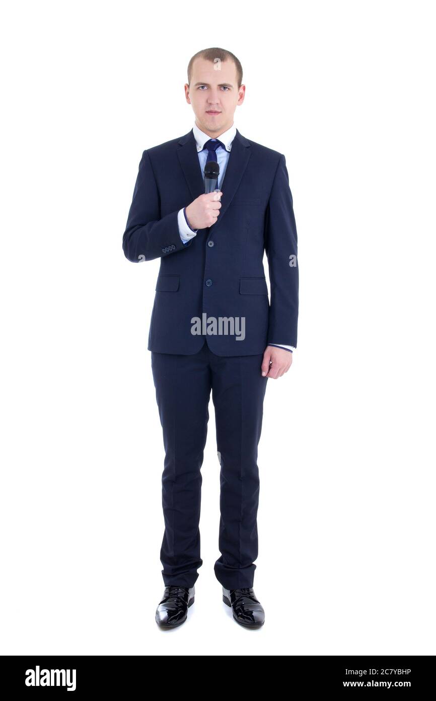 full length portrait of young male reporter with microphone isolated on ...