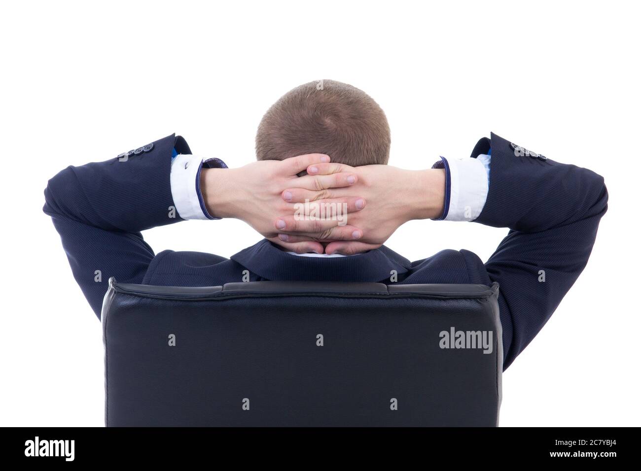 rear view of business man sitting on office chair isolated on white ...