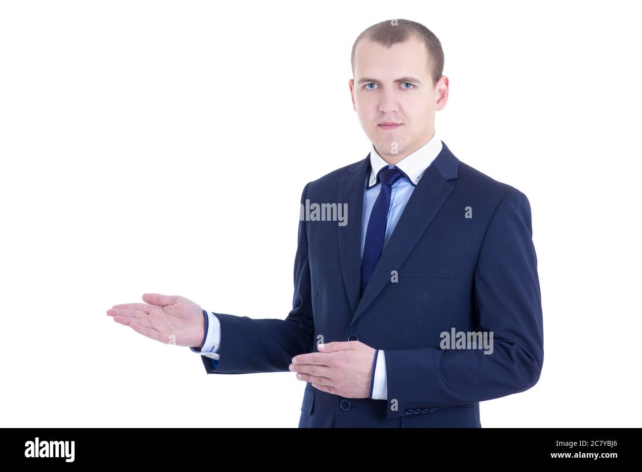 young business man presenting a copyspace isolated on white background ...