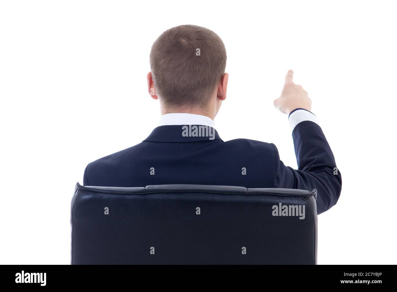back view of business man sitting on office chair and pointing at ...
