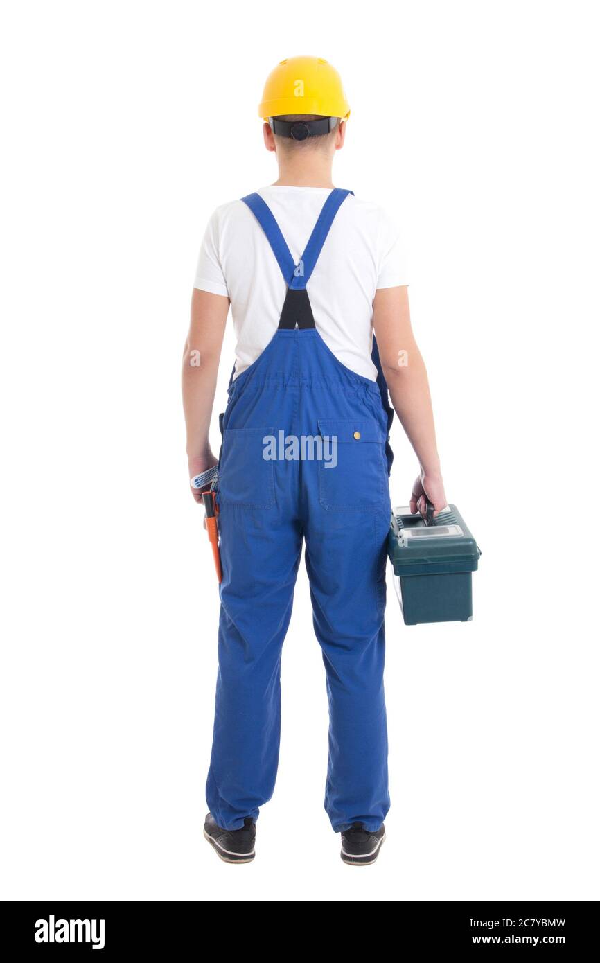 back view of man in builder uniform and helmet with toolbox isolated on ...