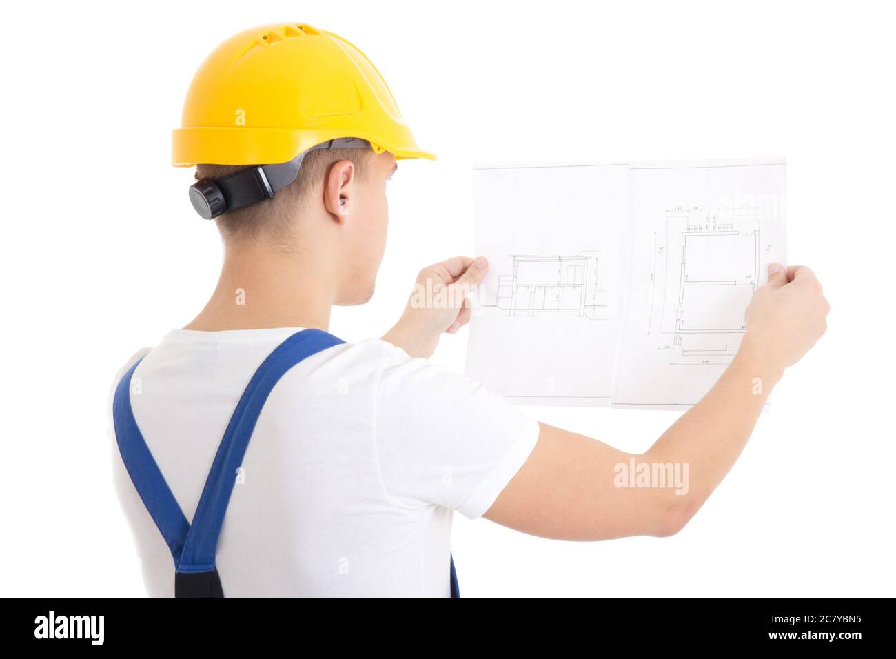 man builder in blue uniform and helmet holding blueprint isolated on ...