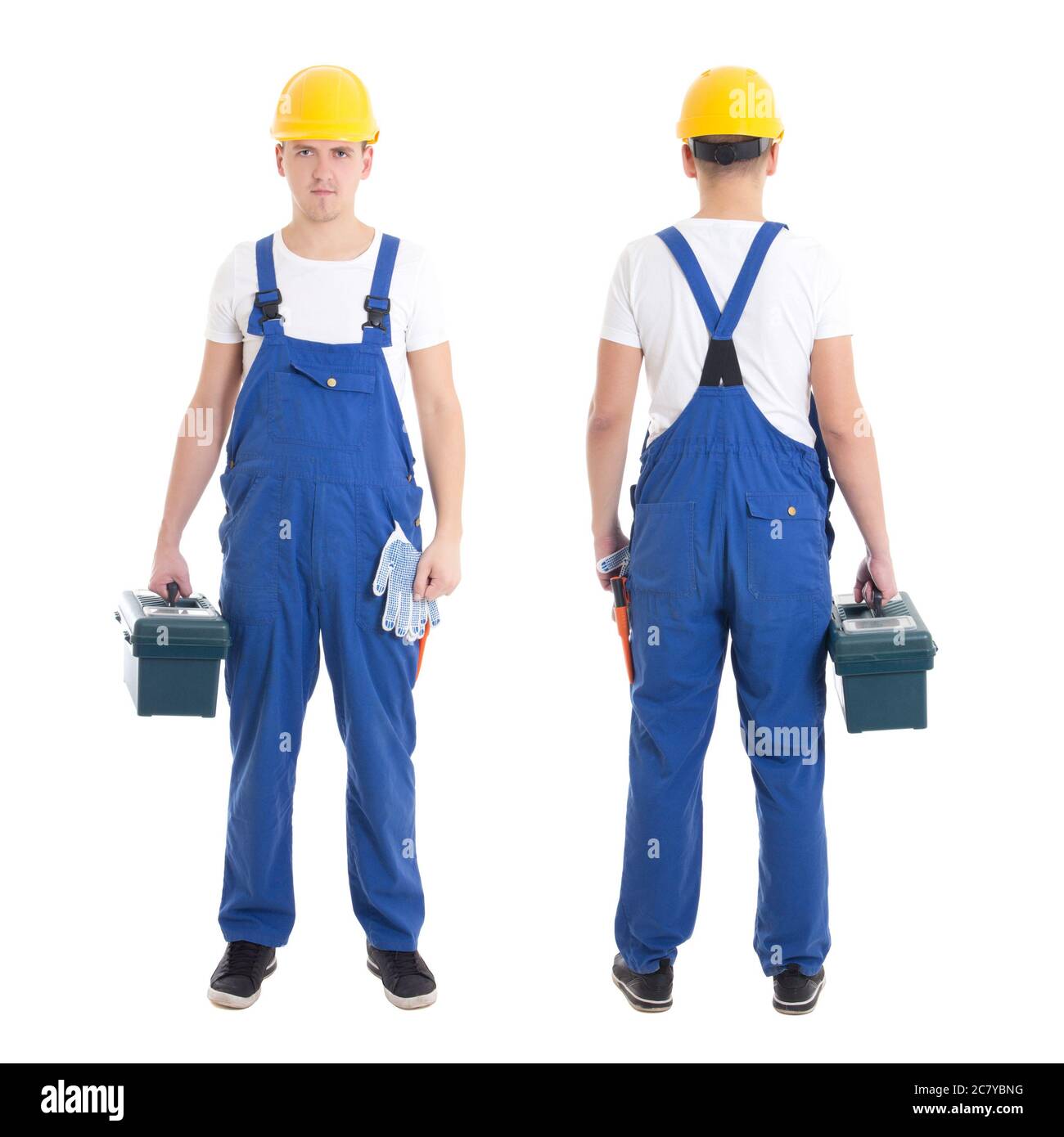 front and back view of man in builder uniform and helmet with toolbox ...