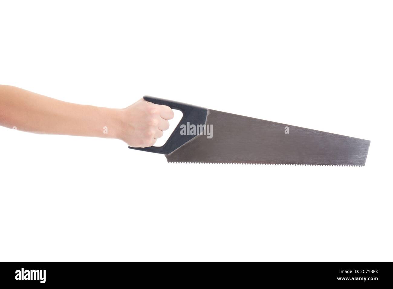 manual saw in male hand isolated on white background Stock Photo - Alamy
