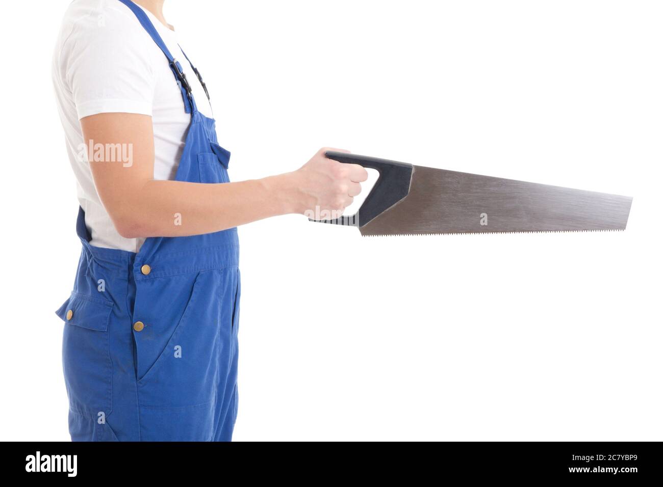 manual saw in builder's hand isolated on white background Stock Photo ...