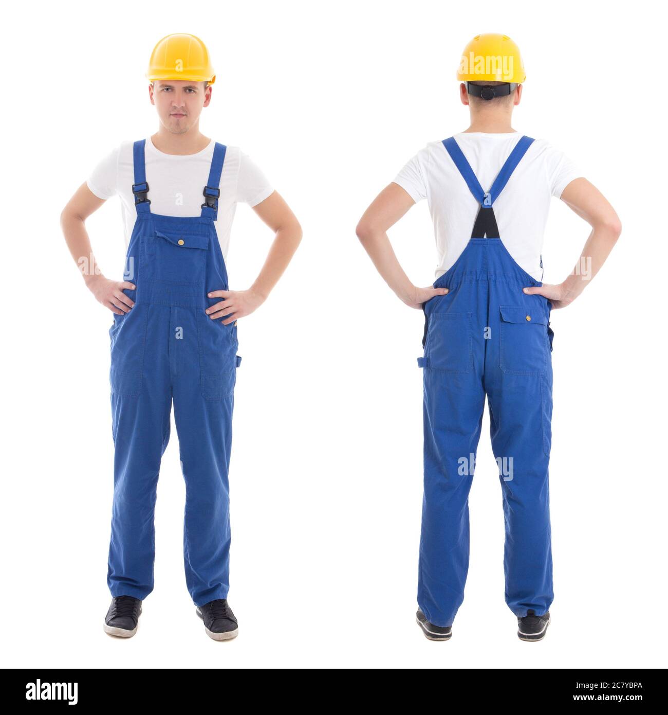 front and back view of young man in blue builder uniform isolated on ...