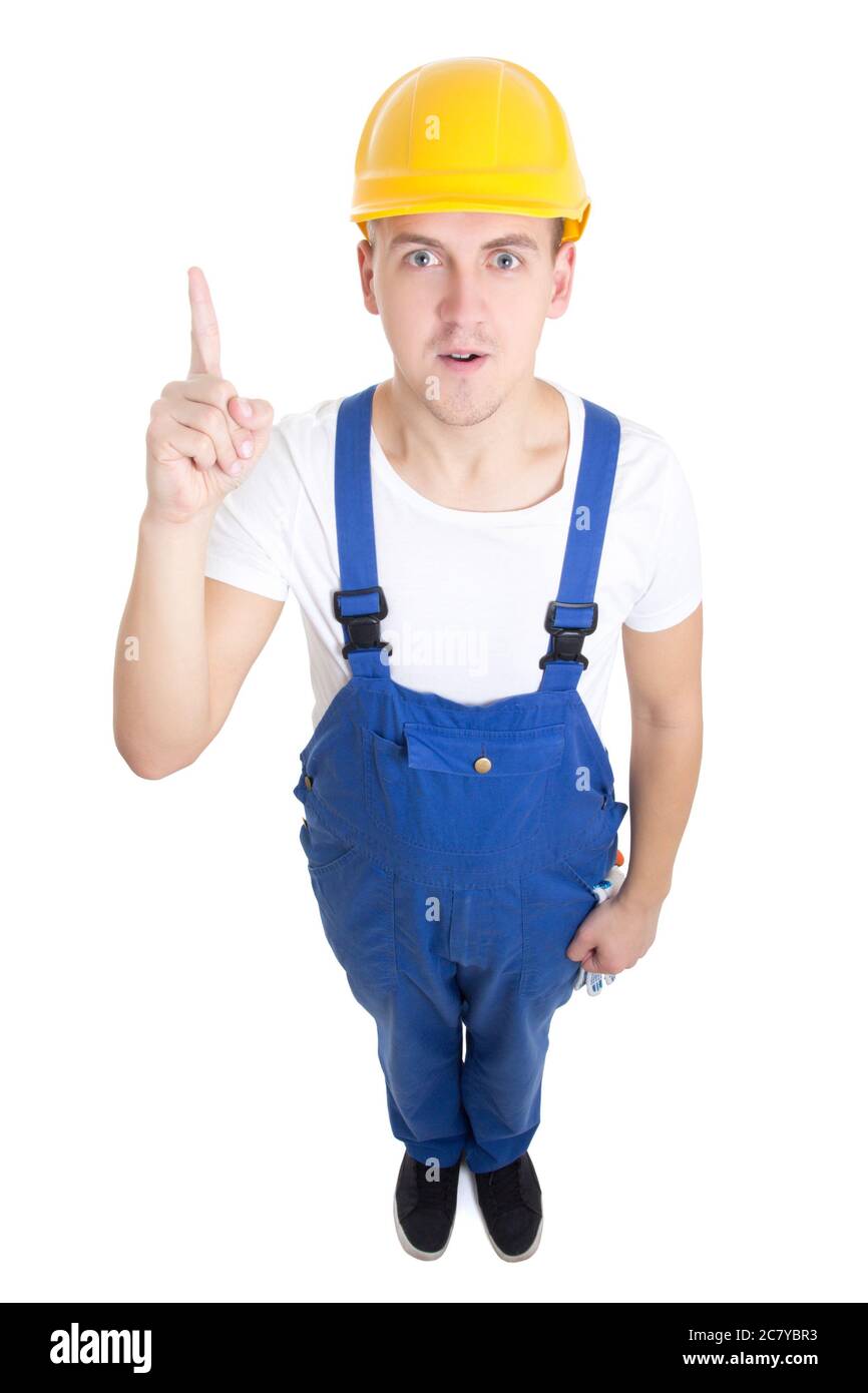 idea concept - funny man builder in blue uniform isolated on white ...