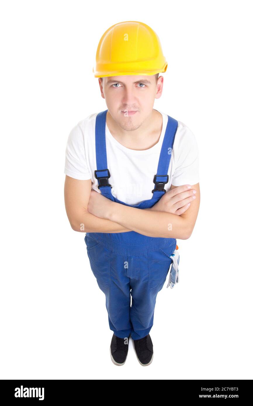 full length portrait of handsome man builder in blue uniform isolated ...