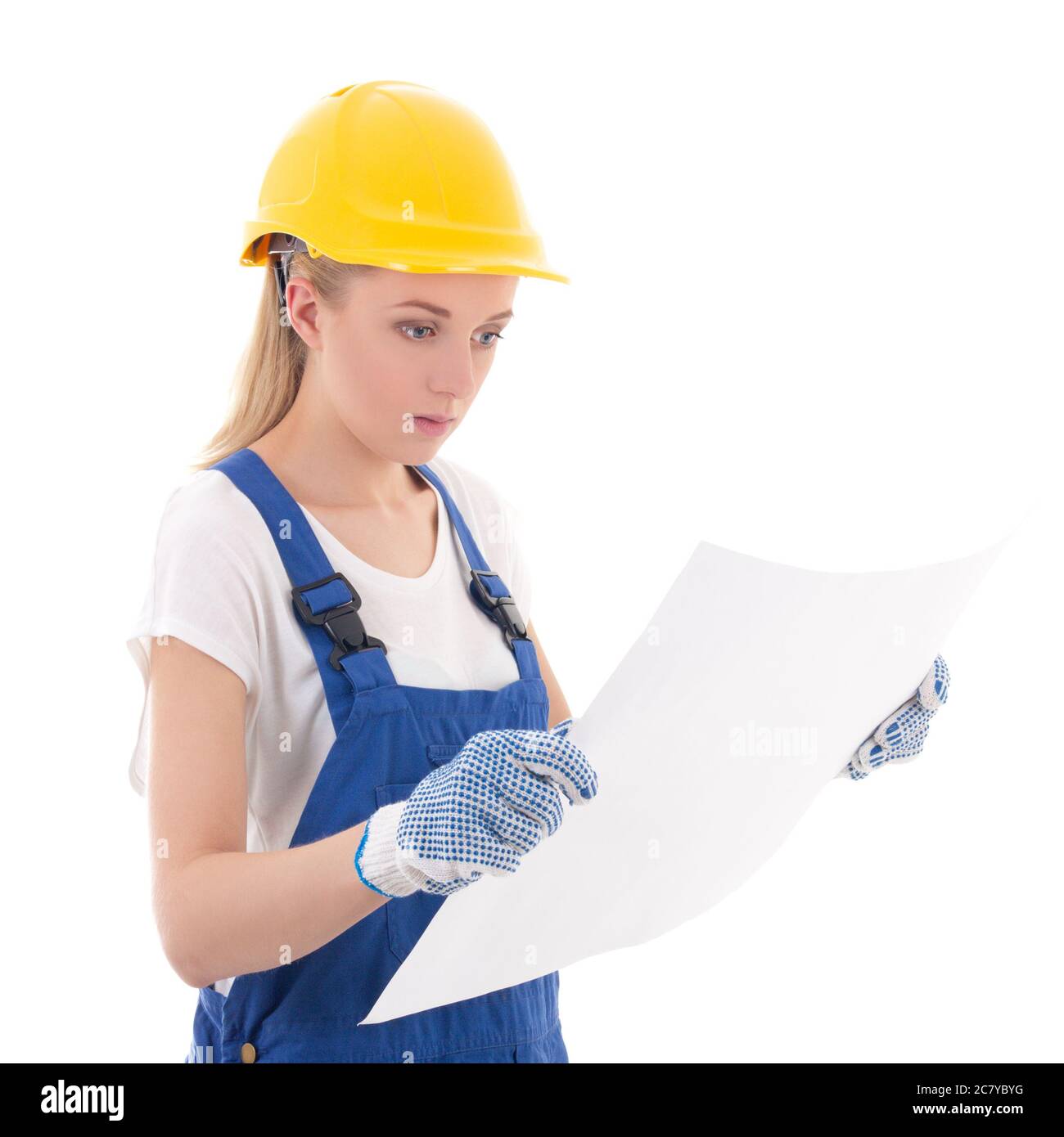 young woman in blue builder uniform with building plan isolated on ...