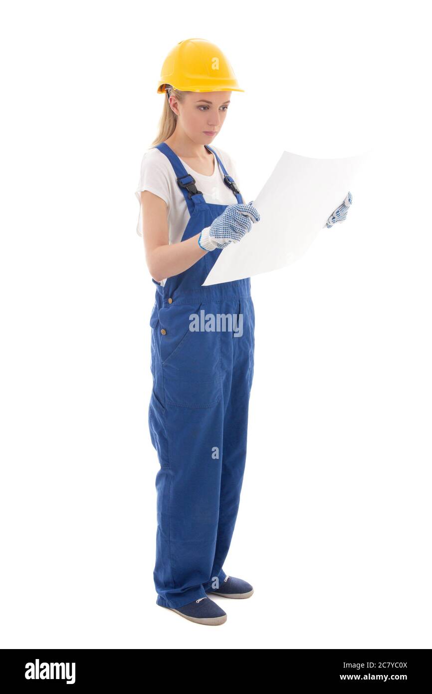 woman in blue builder uniform with building plan isolated on white ...
