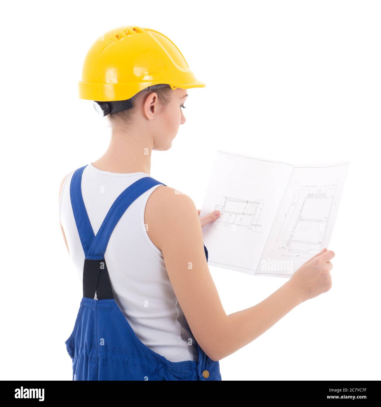back view of woman builder in blue coveralls with scheme isolated on ...