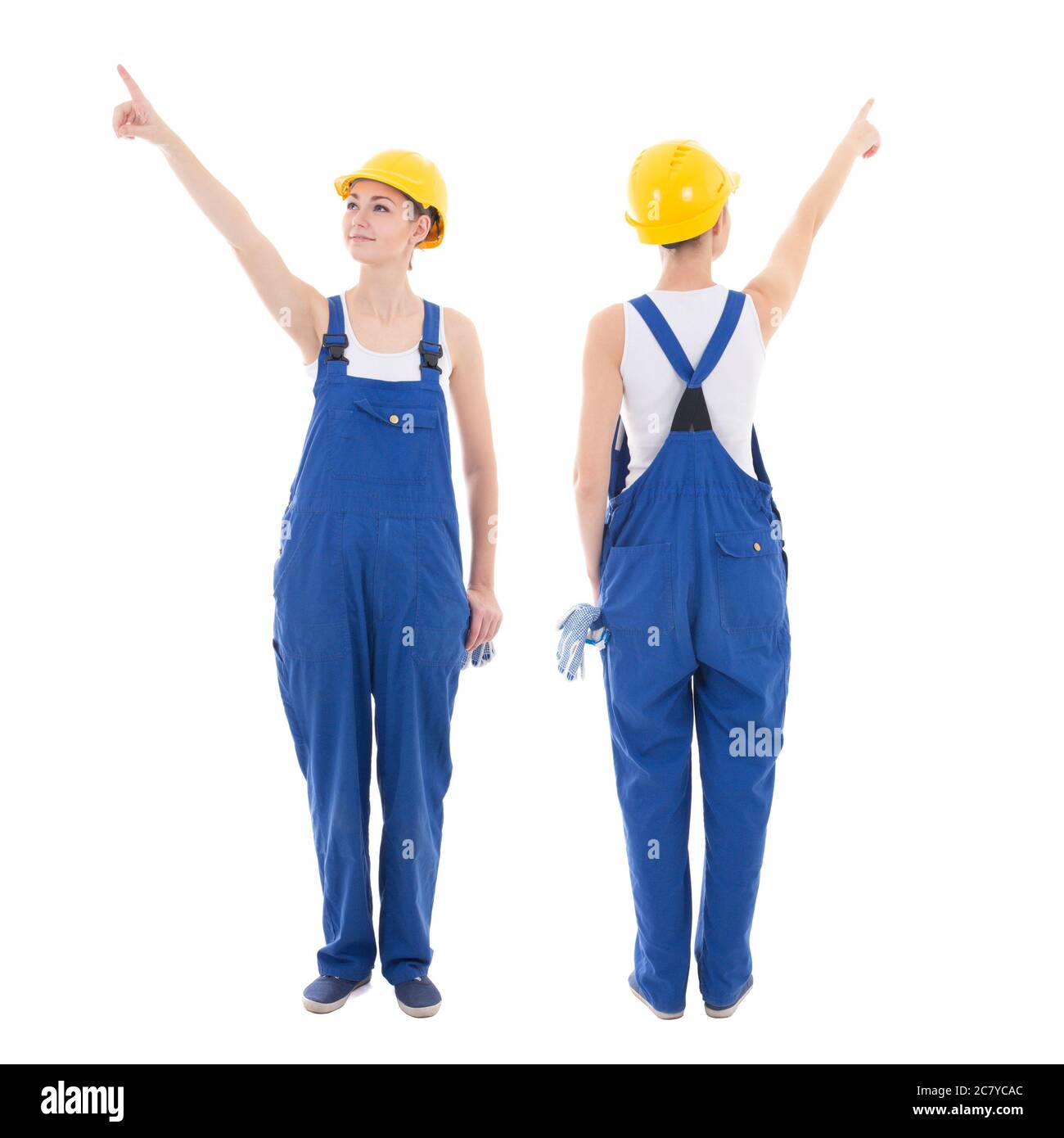 front and back view of young woman builder pointing at something ...