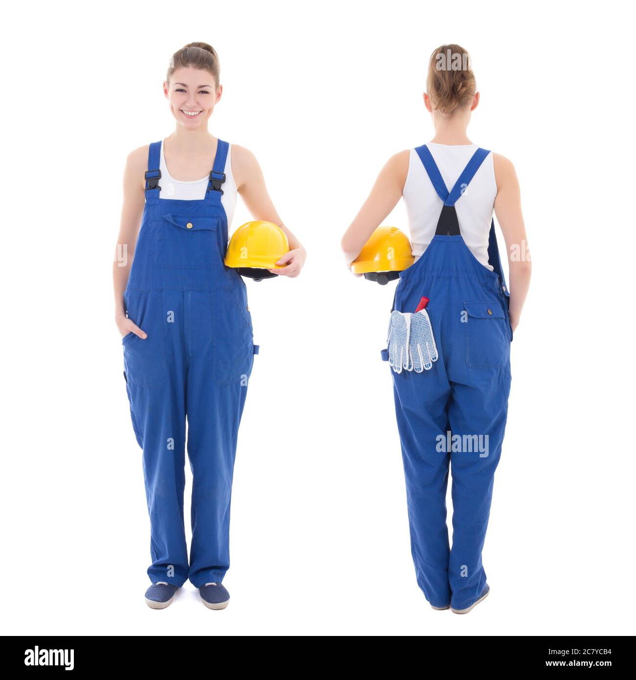 front and back view of young attractive woman builder in workwear ...