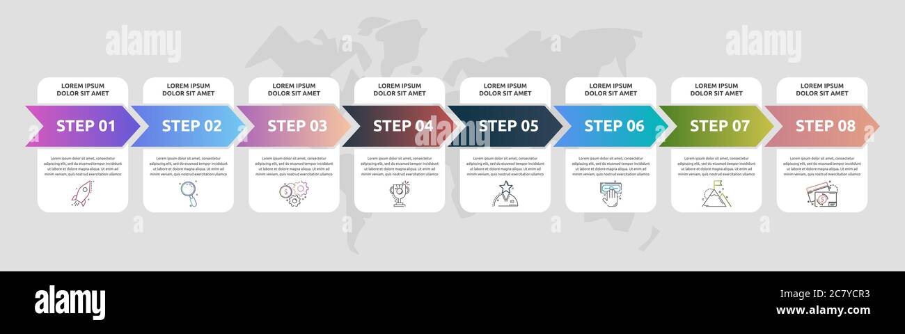 Vector infographics arrows with 8 successive steps, labels. Can be used ...